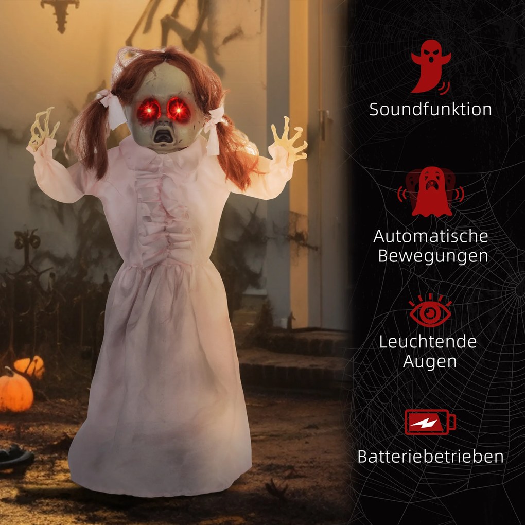HOMCOM Hororová panenka, halloweenská dekorace, aktivována zvukem/ dotykem, červené oči, zvuk, 76 cm