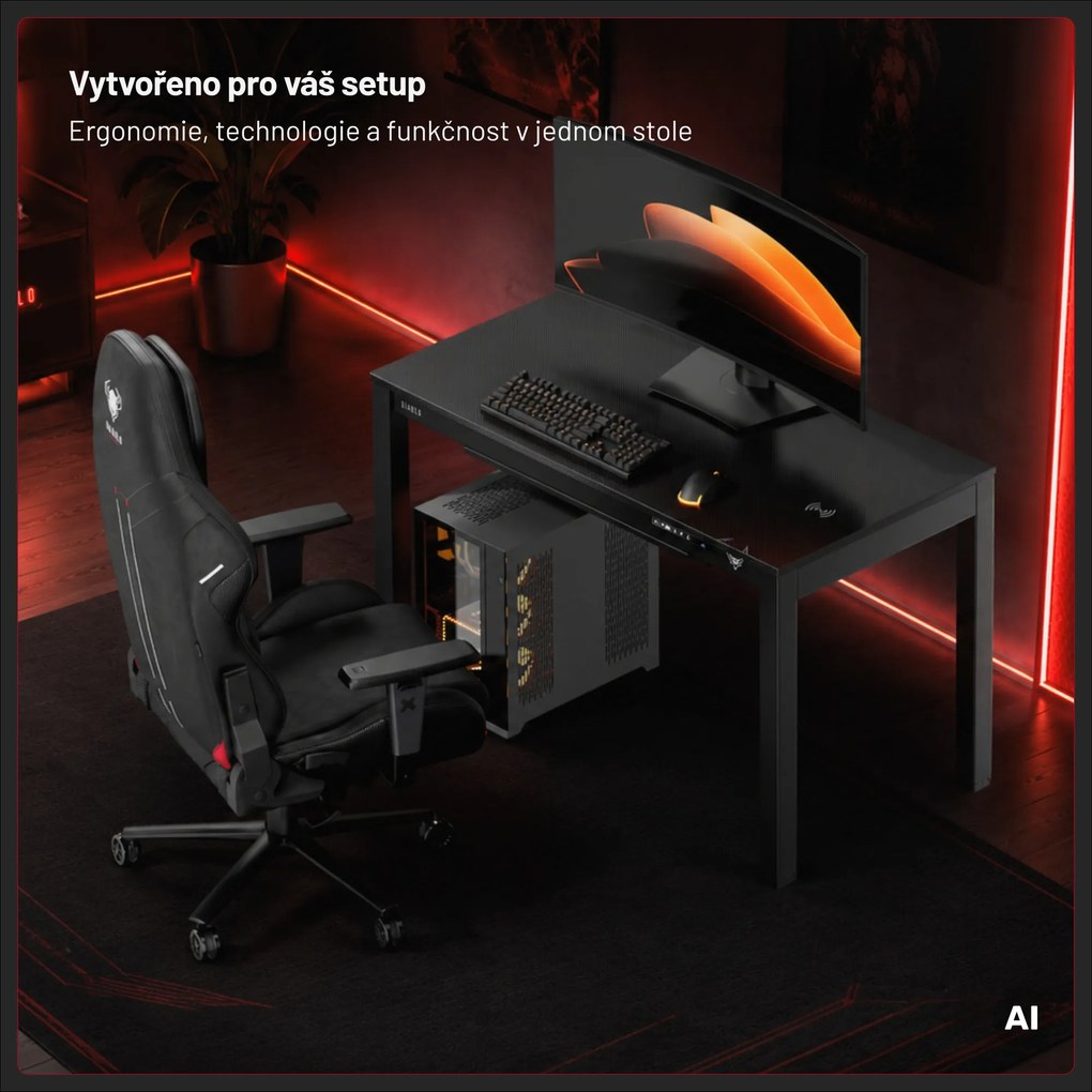 Herní stůl elektricky nastavitelný, vestavěná bezdrátová nabíječka QI a USB: Diablo X-RIFT černý