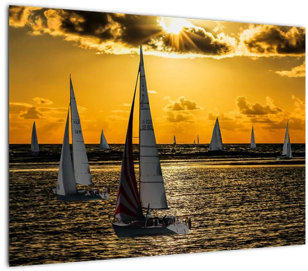 Skleněný obraz jachty v západu slunce (70x50 cm)