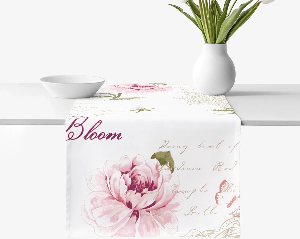 Goldea běhoun na stůl 100% bavlněné plátno - pivoňky s texty 50x120 cm