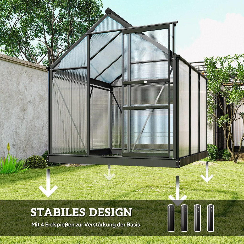 Zahradní skleník Outsunny z polykarbonátu 3,65 m² hliníkový skleník pro zahradu 190 x 192 x 201 cm odolný vůči UV záření, se zpevněným základem, okap…
