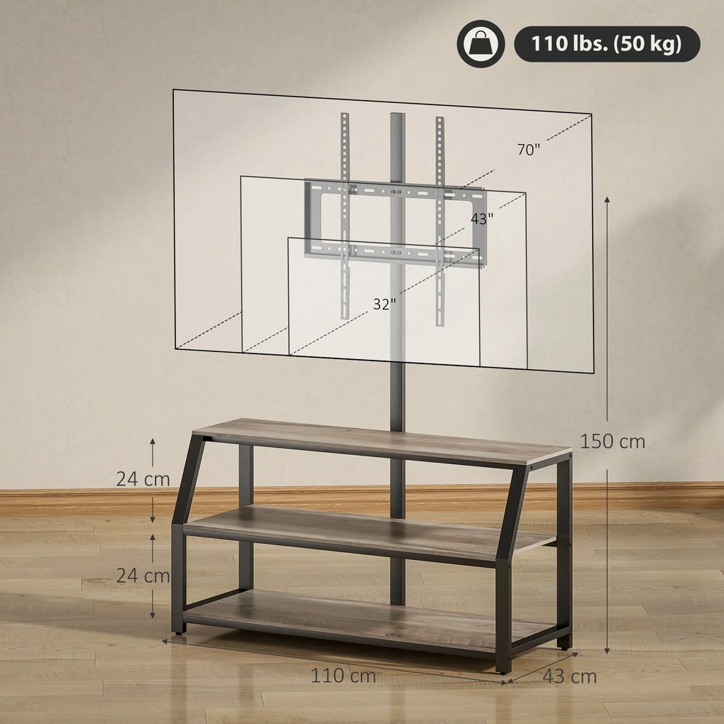 HOMCOM TV nábytek s držákem na televizi až do 183 cm, TV skříňka se 2 otevřenými policemi, 110x43x150 cm, šedá