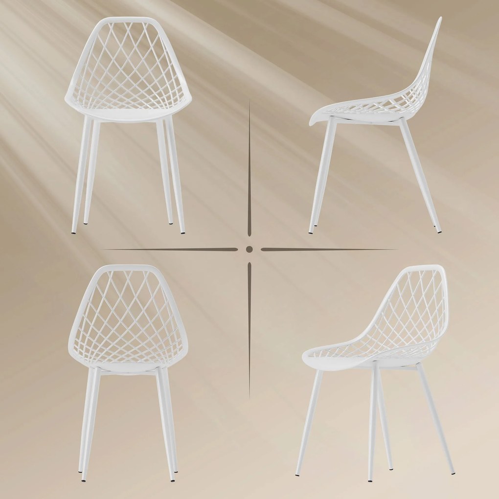 HOMCOM Sada 4 jídelních židlí s moderním designem, kuchyňské židle s zakřiveným perforovaným opěradlem a kovovými nohami, plastové židle do kuchyně, …