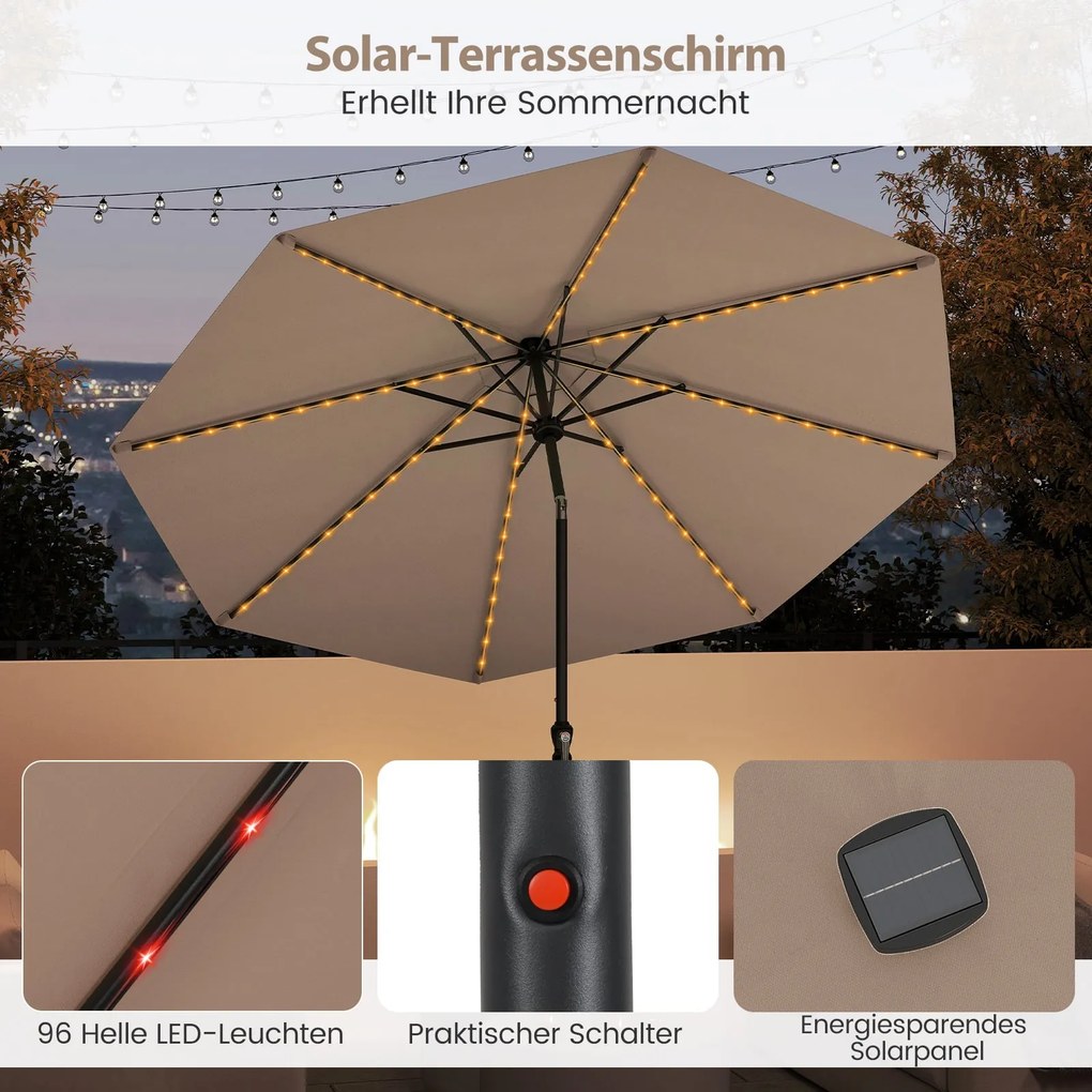 Costway Slunečník 300 cm s LED solárním osvětlením 9 režimy osvětlení s klikou