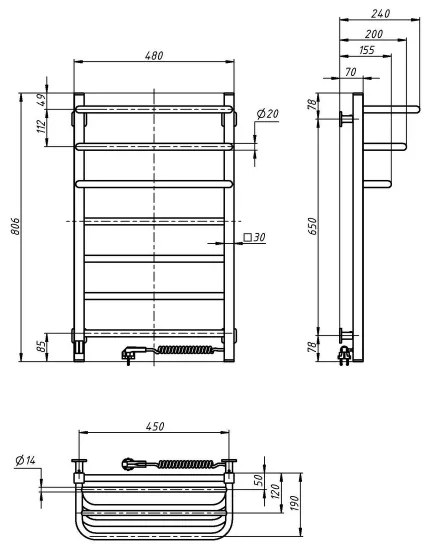 Koupel. elektrický radiátor s term. FORTIS 350W/230V 80,6 cm IP44 bílá pravá