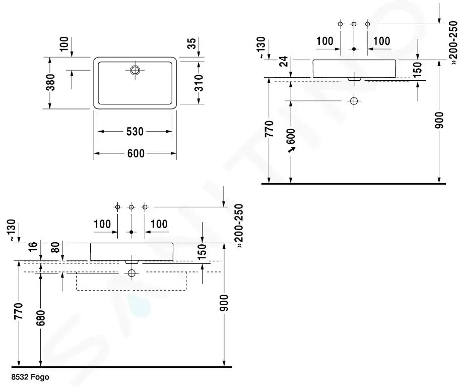 DURAVIT - Vero Umyvadlo na desku, 600x380 mm, bez přepadu, bez otvoru pro baterii, WonderGliss, bílá (04556000001)