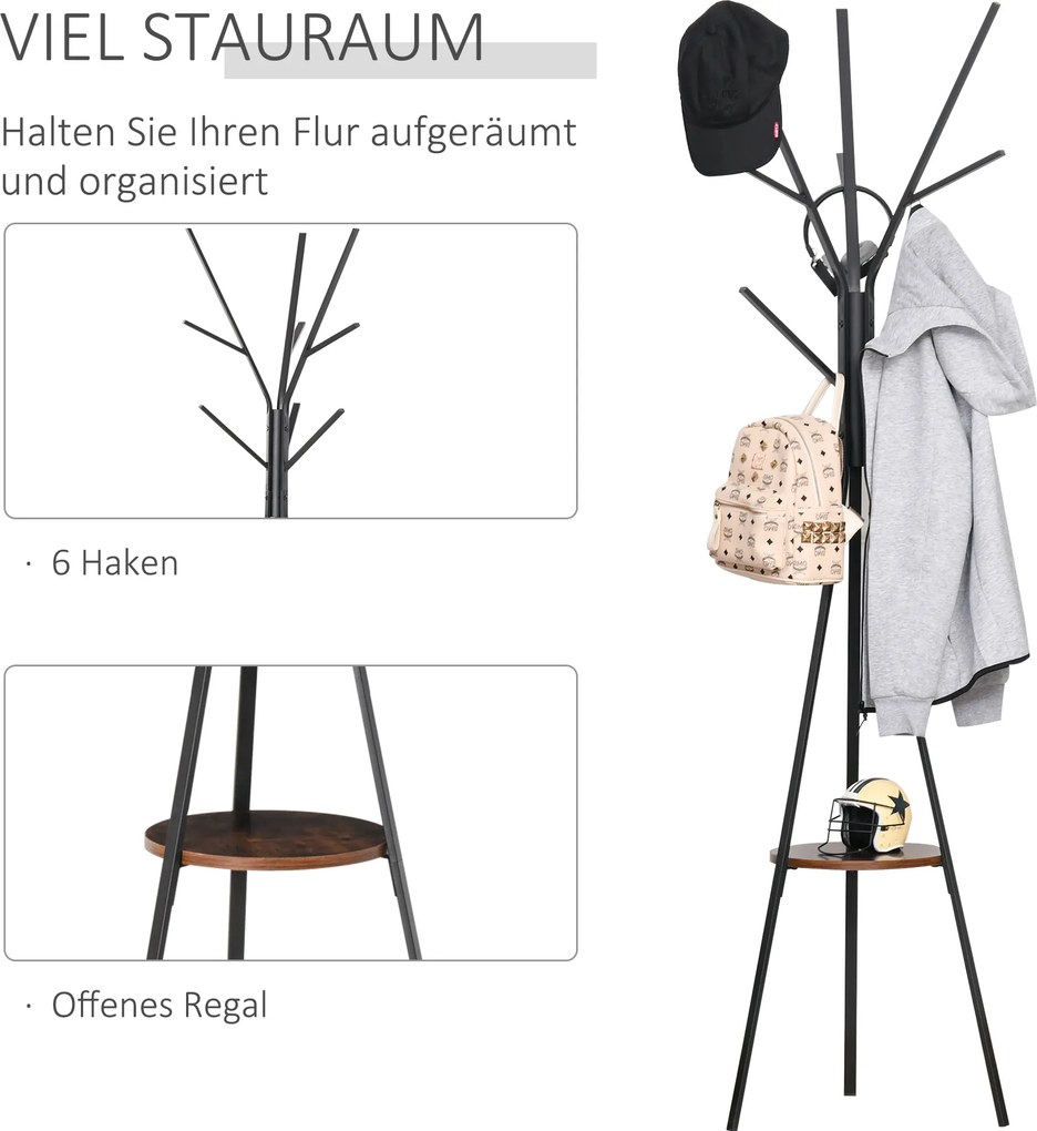 HOMCOM Stojan na kabáty, Stojan na kabáty se 8 háčky, Stojan na kabáty se policí, Vysoká skříň na oblečení, klobouky, tašky, kov, hnědá, 45 x 180 cm