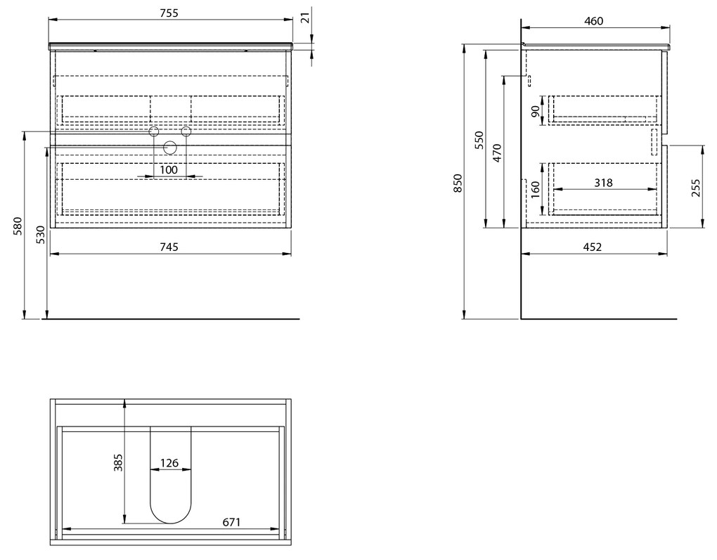 Aqualine Aqualine, PANEDA STRIP umyvadlová skříňka 74,5x55x45,2cm, dub emporio, PN375