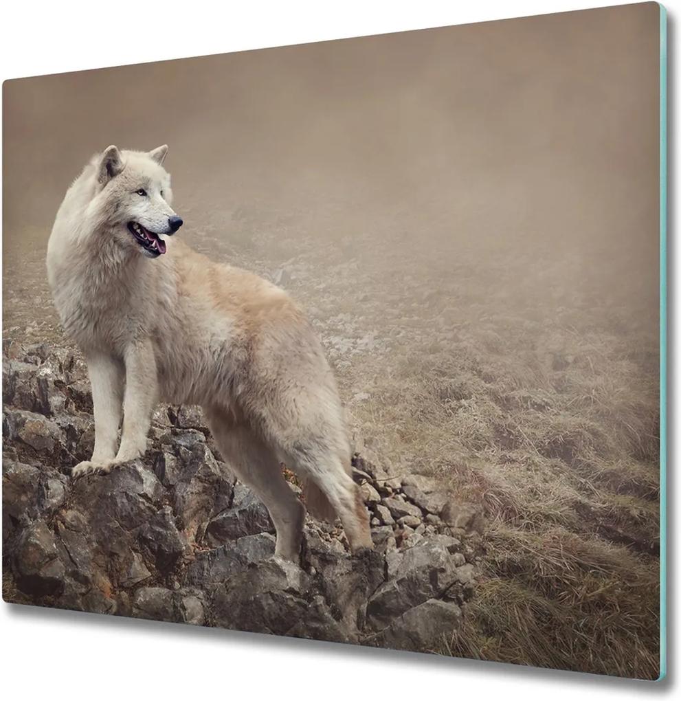 Skleněná krájecí deska Bílý vlk na skále