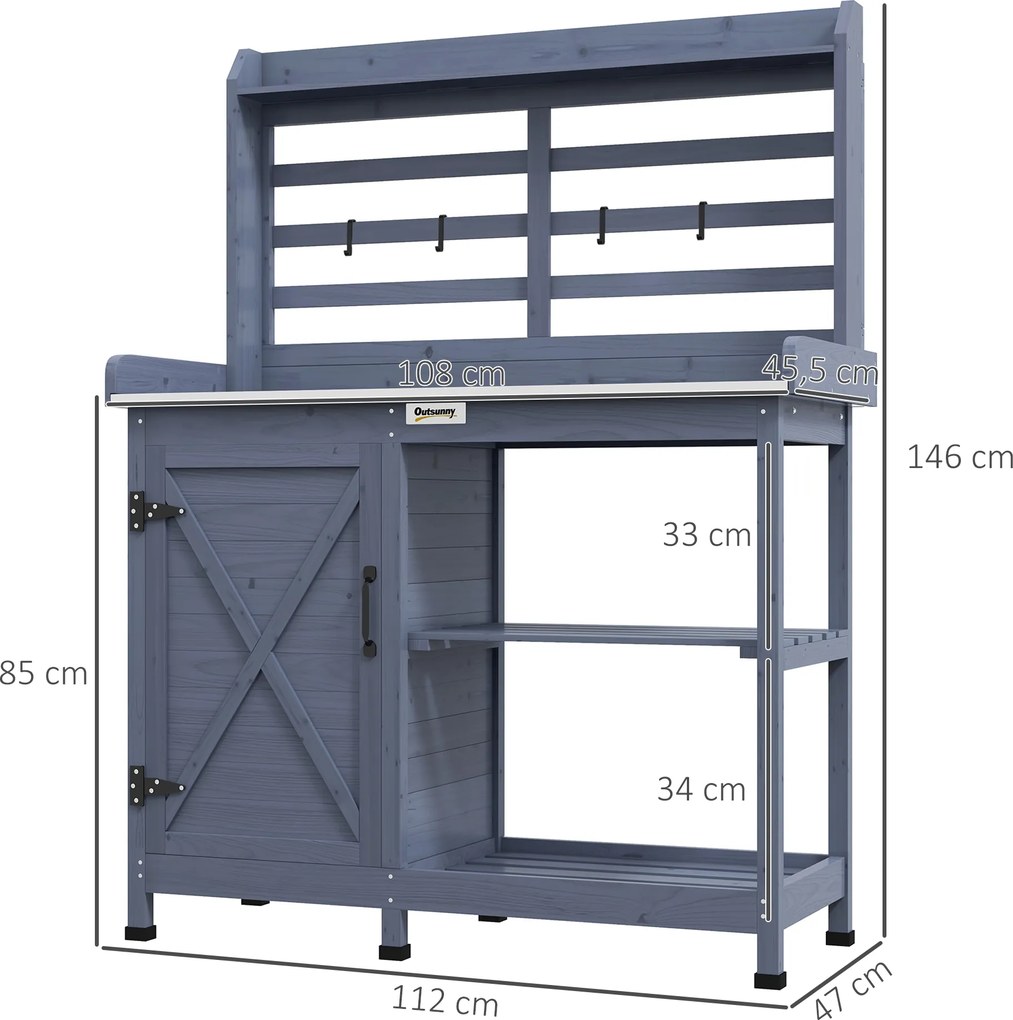 Dřevěný zahradnický stůl Outsunny se skříňkou a pracovní deskou 112x47x146cm šedý, 2 police a 4 háčky pro milovníky zahrady |