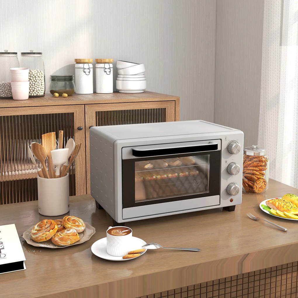 HOMCOM malá trouba 21l, 100°C-230°C, časovač na 1 hodinu, 3 režimy pečení, drátěný rošt, plech, nerez, 46L x 38.5W x 29H cm, stříbrná| Aosom