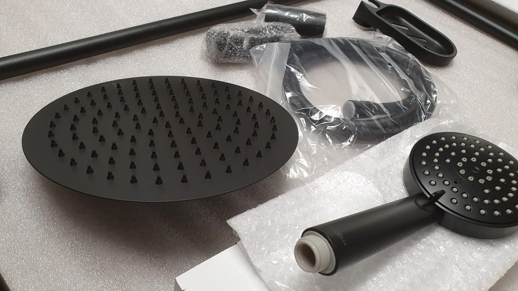 Mexen termostatický sprchový set, sprchová baterie KAI s horním uchycením sprchy + sprchová sada s horní hlavicí oval ?25cm X, 3/4", černá, 77150-70 + 79392-70