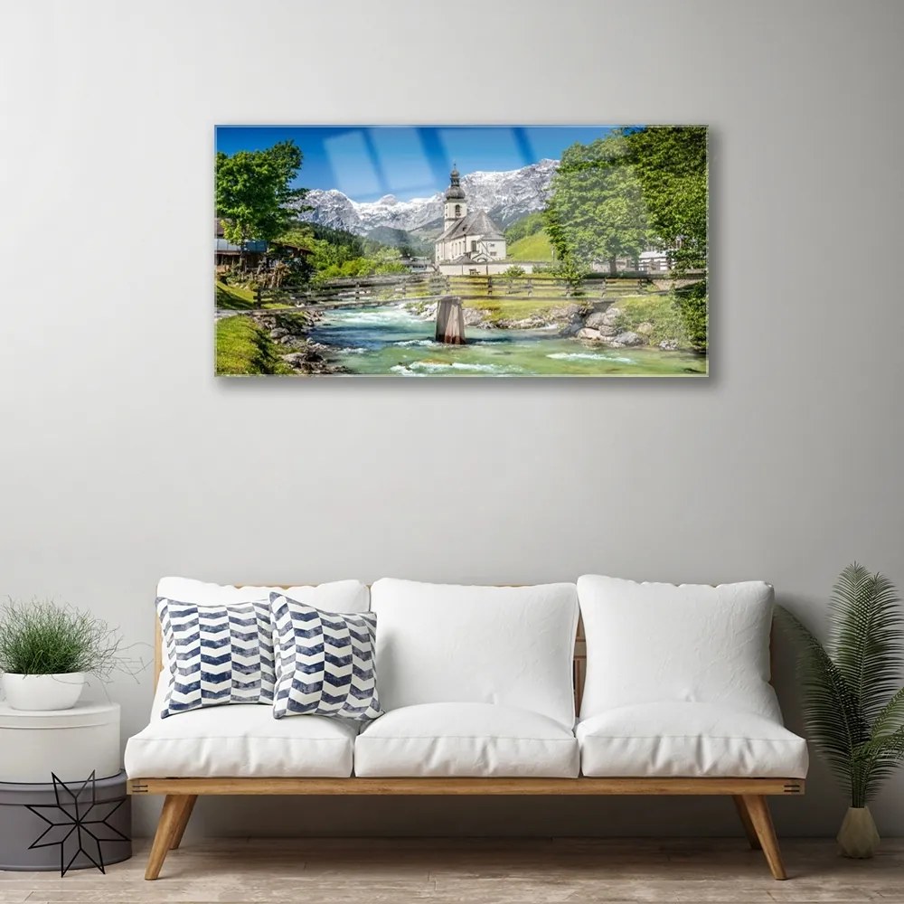 Obraz na skle Kostel Most Jezero Příroda 100x50 cm