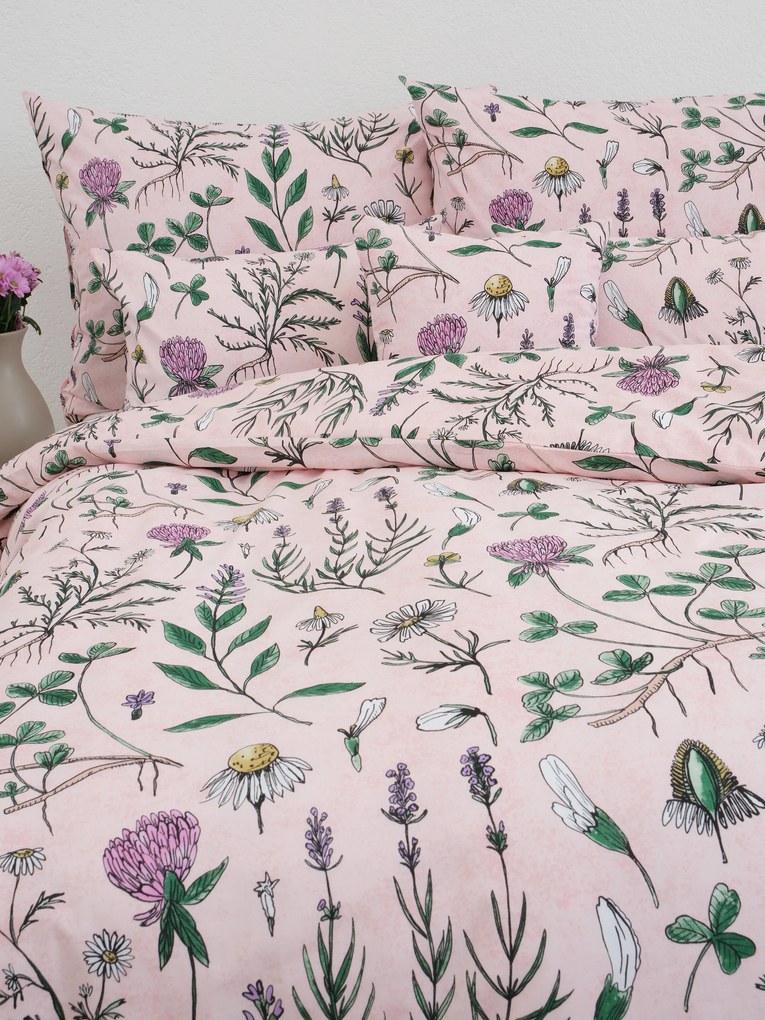 MK Lůžkoviny Francouzské bavlněné povlečení Renforcé - Herbář pudrové 220 × 200 cm, 2ks 70 x 90 cm