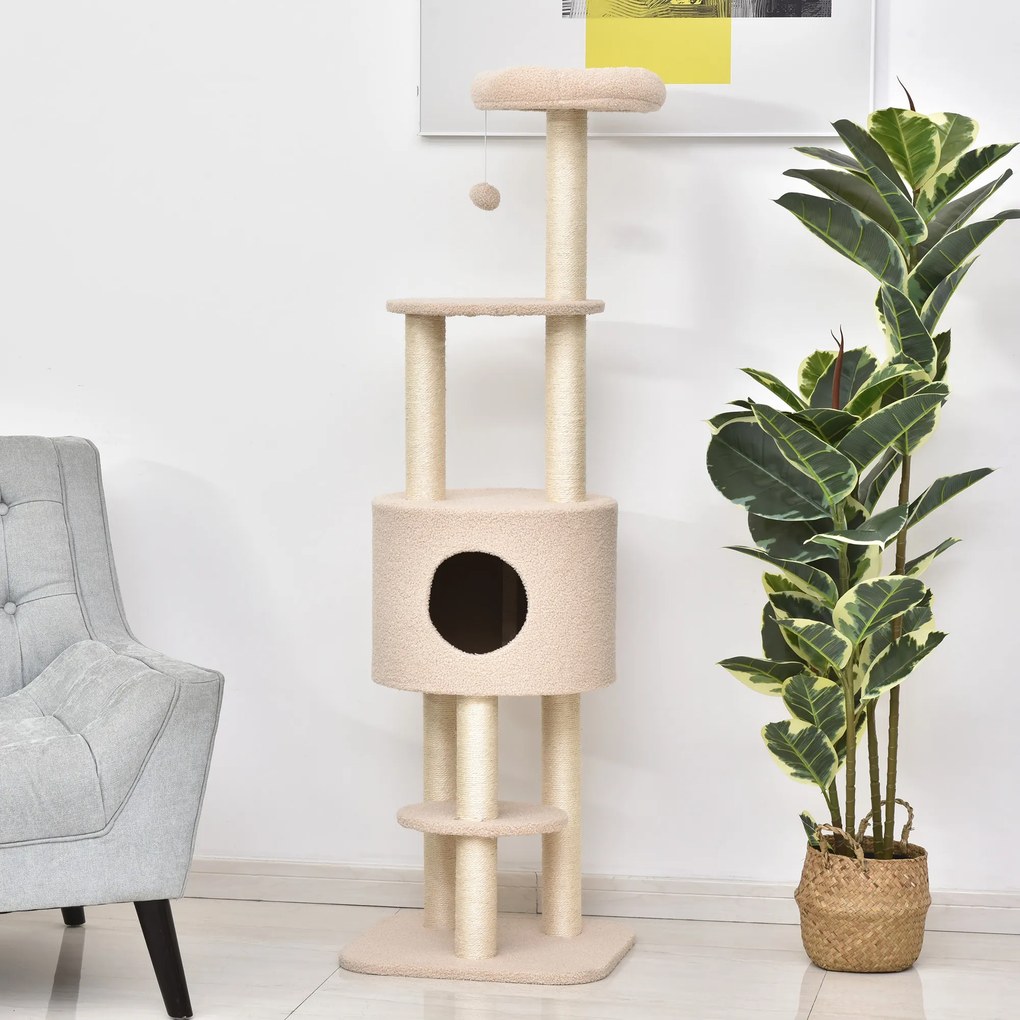 PawHut Kočičí škrabadlo Výška 148 cm Kočičí věž se sisalovými sloupky 3 platformy Dům a zavěšená kulička Béžová