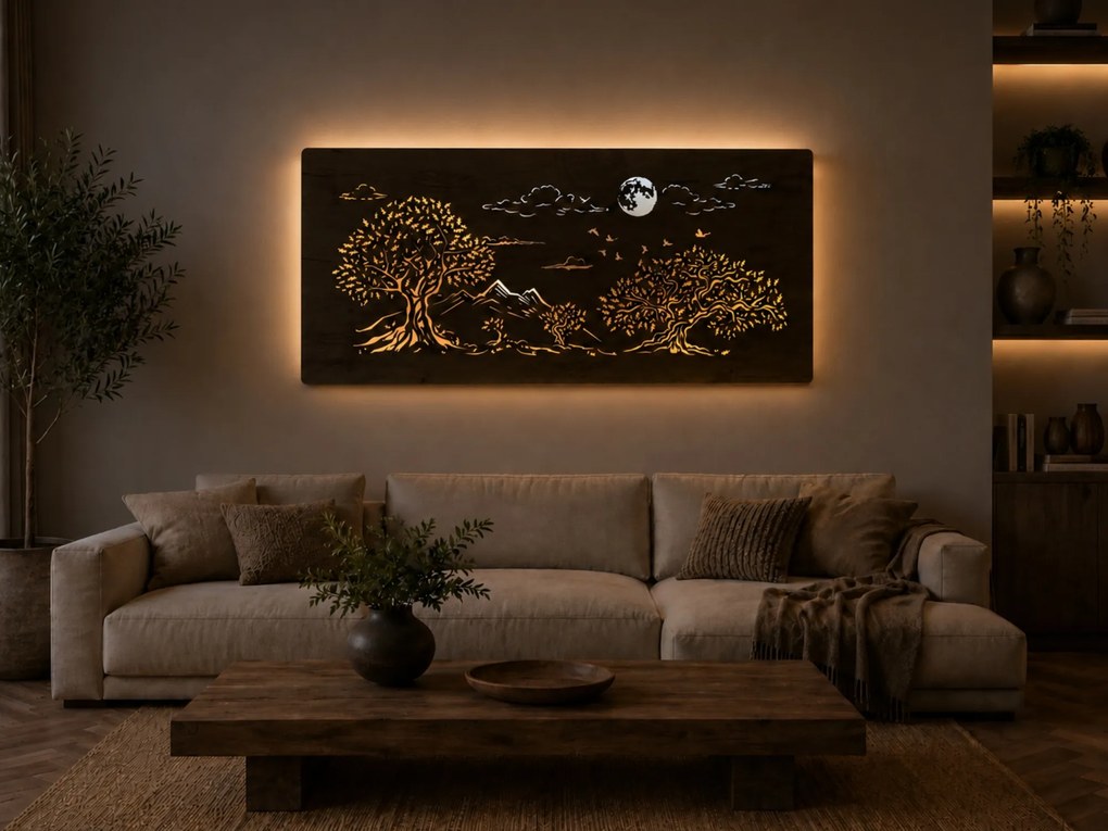 Li-Go "Čtyři duby a měsíc" světelný obraz 230V 130x60 cm provedení povrchu: ořech