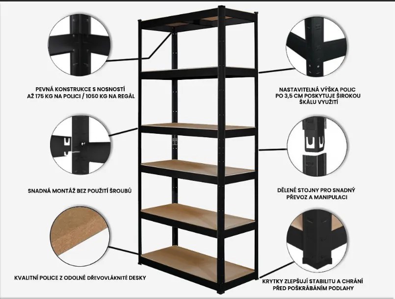 Fistar Regál 2200x900x450 mm kovový lakovaný 6-policový, nosnost 1050 kg - ČERNÝ