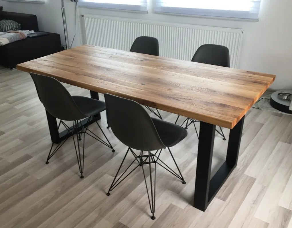 KULHÁNEK Jídelní stůl s rovnou hranou a ocelovou podnoží Velikost desky: 200x90 cm, Odstín podnože: bílá - RAL 9010