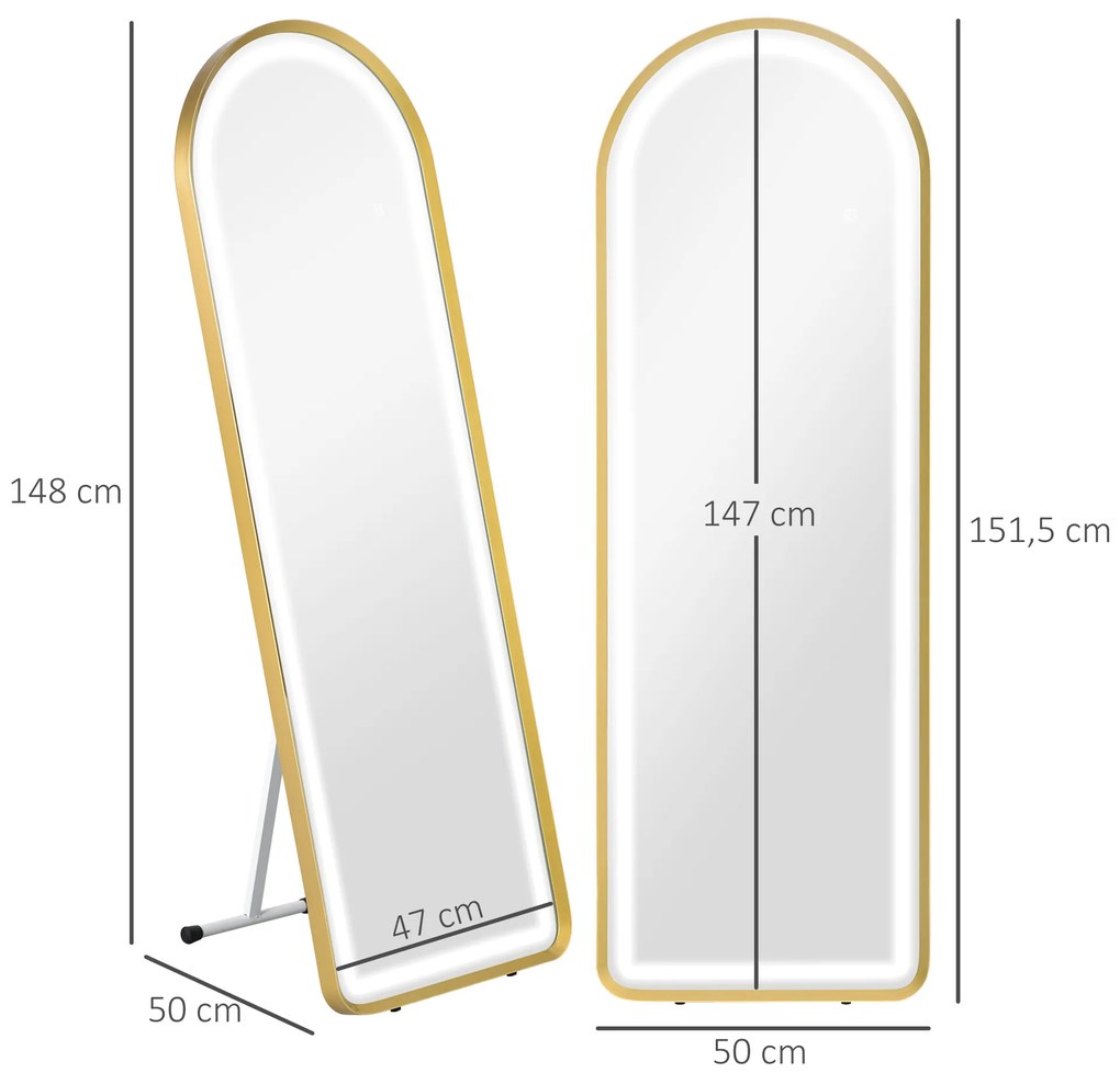 HOMCOM Zrcadlo po celé délce se stmívatelným LED světlem, nástěnné a stojací zrcadlo, šatní zrcadlo s dotykovým spínačem, zlaté 47x146 cm | Aosom.de