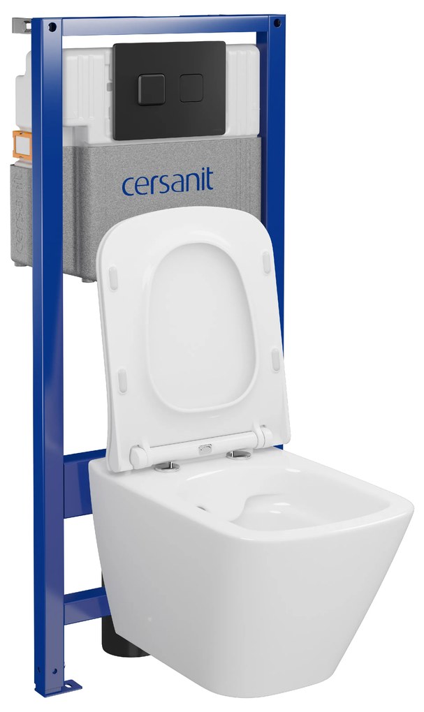 Cersanit City, System50 PNEU podomítkový rám + závěsná wc mísa City Square CleanOn + černé tlačítko Circle, S701-777