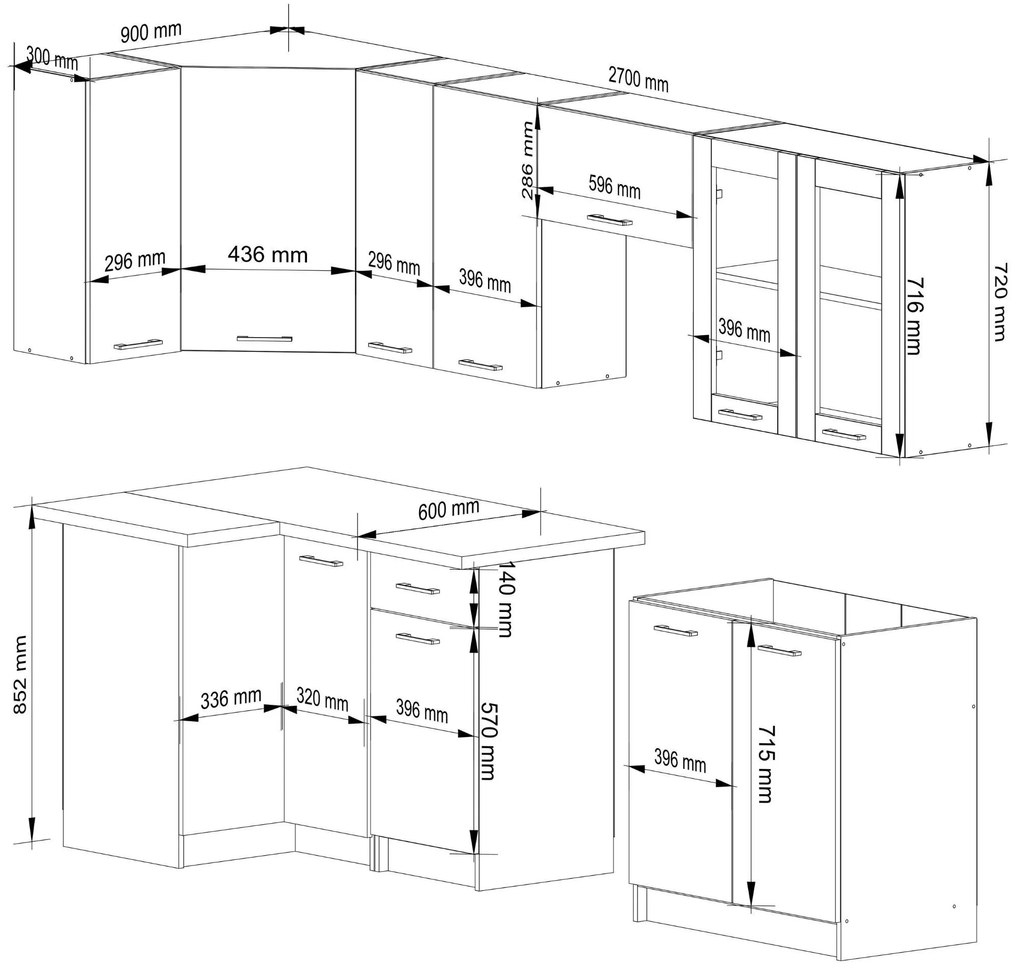 Kuchyňská rohová linka Olivie 3 m H720 prosklená beton/dub sonoma