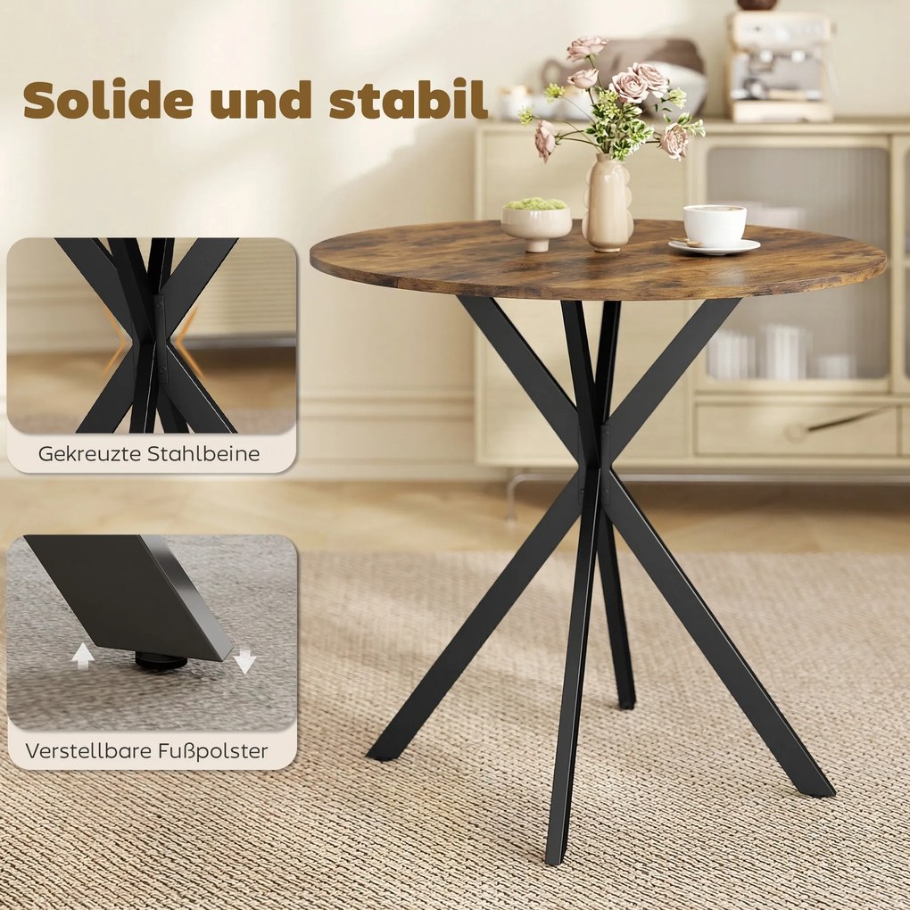 HOMCOM kulatý jídelní stůl (Ø 80 cm) — industriální styl, ocelové nohy, rustikální hnědá