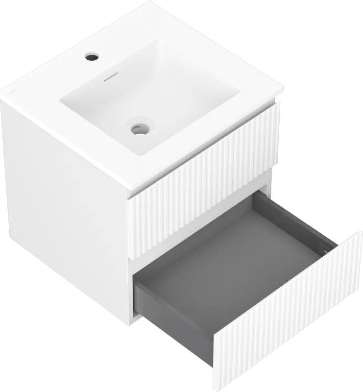 Mexen Rivel, koupelnová skříňka 50 cm s umyvadlem Otis, 2 zásuvky, drážkovaná, bílá matná, 91A20-05047-2-BFF01-W18M01