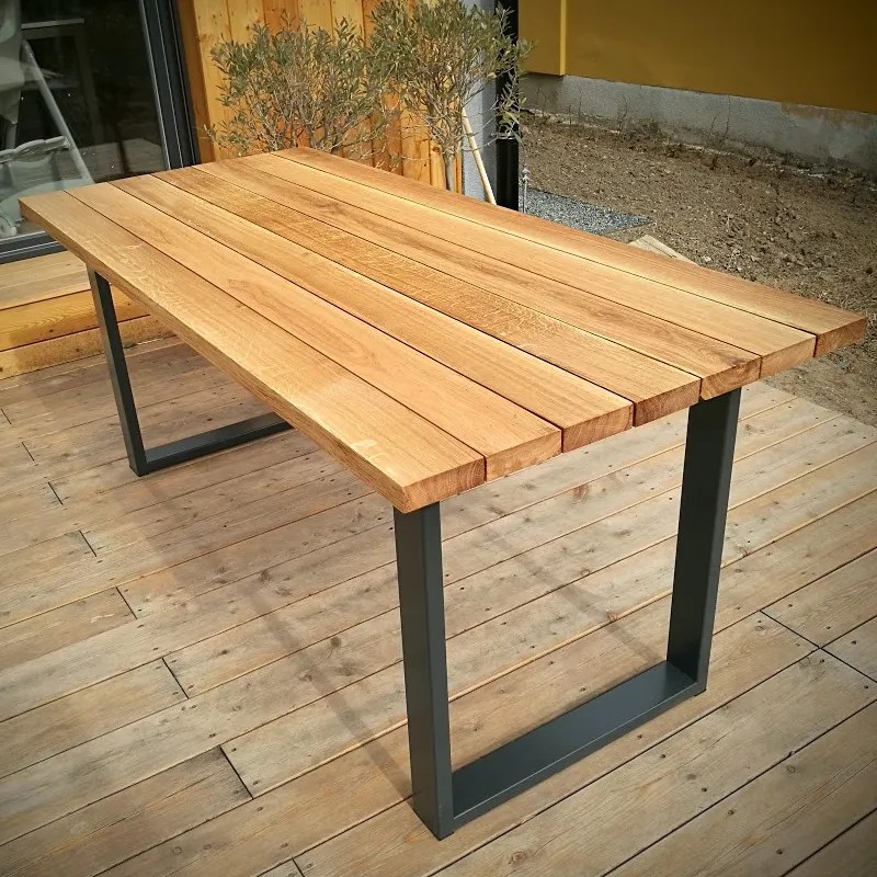 KULHÁNEK Zahradní stůl - kombinace dřeva a oceli Odstín nátěru: lazura - palisandr, Velikost desky: 160x80 cm, Odstín podnože: černá - RAL 9005