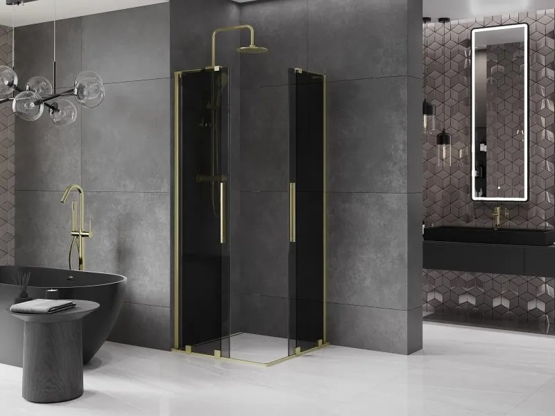 Mexen Velar L Duo, sprchový kout s posuvnými dveřmi 100 x 100 cm, 8mm šedé sklo, zlatá matná, 871-100-100-02-43-55