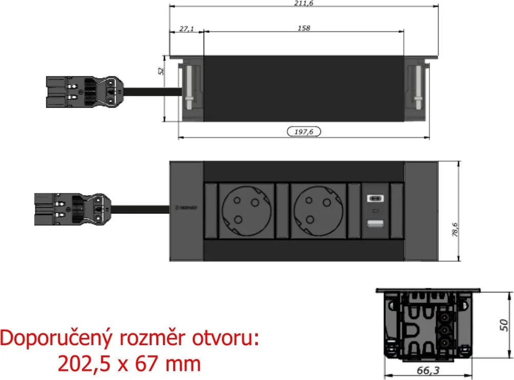 IBConnect Vestavná zásuvka INTRO černá - různé konfigurace Konfigurace elektrozásuvky: 4x230V + USB nab. C (60W) + USB nab. A+C + Modul