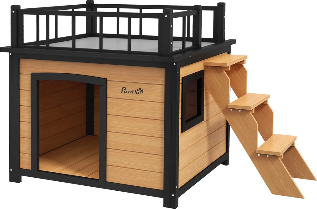 PawHut Psí Bouda s Balkónem, Vyvýšená Psí Bouda se Schody, Okno, Psí Jeskyně pro Malé až Střední Psy, Borvicové Dřevo, Žlutá, 121 x 77 x 78 cm | Aosom