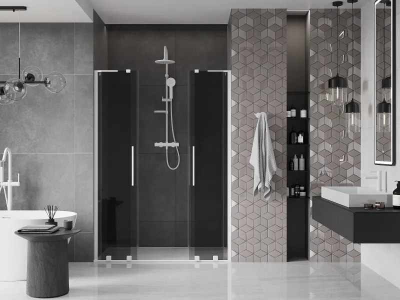 Mexen Velar L Duo, posuvné sprchové dveře do otvoru 140 cm, 8mm šedé sklo, bílá matná, 871-140-003-42-20