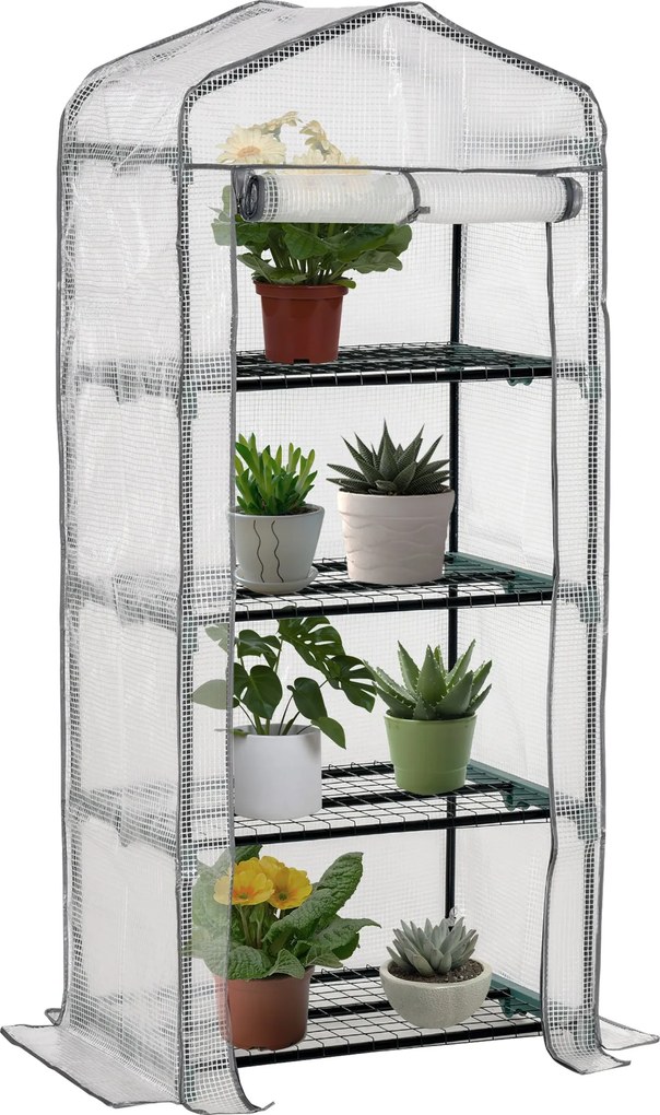 Outsunny mini skleník s policemi, PVC krytem a rolovacími dveřmi — mrazuvzdorný skleník na rajčata pro balkon a zahradu, 70 × 50 × 160 cm — bílý | Aos