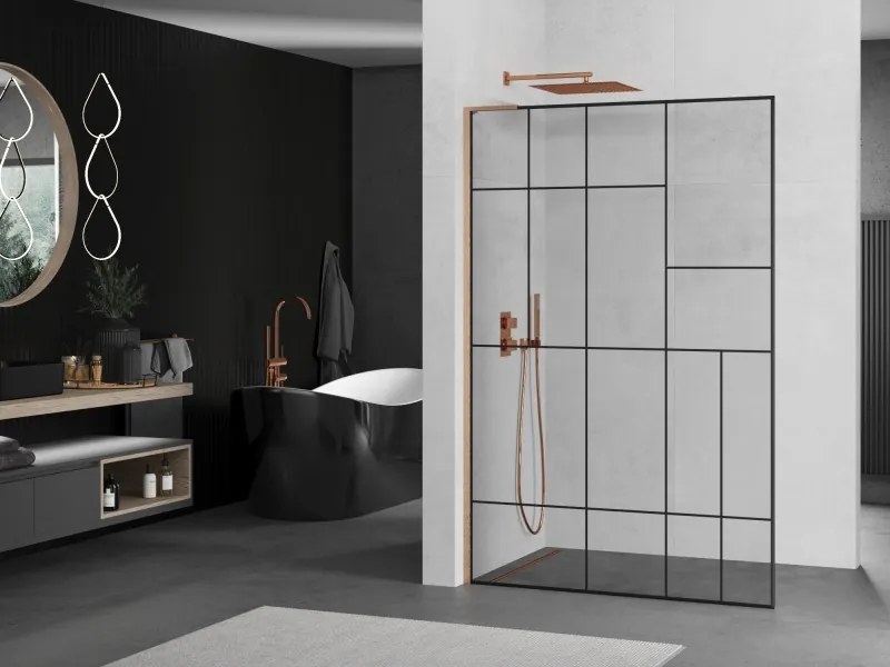 Mexen Kioto L, sprchová zástěna Walk-In 80 x 200 cm, 8mm čiré sklo černý vzor, měděný matný profil, 800-080-103-65-78