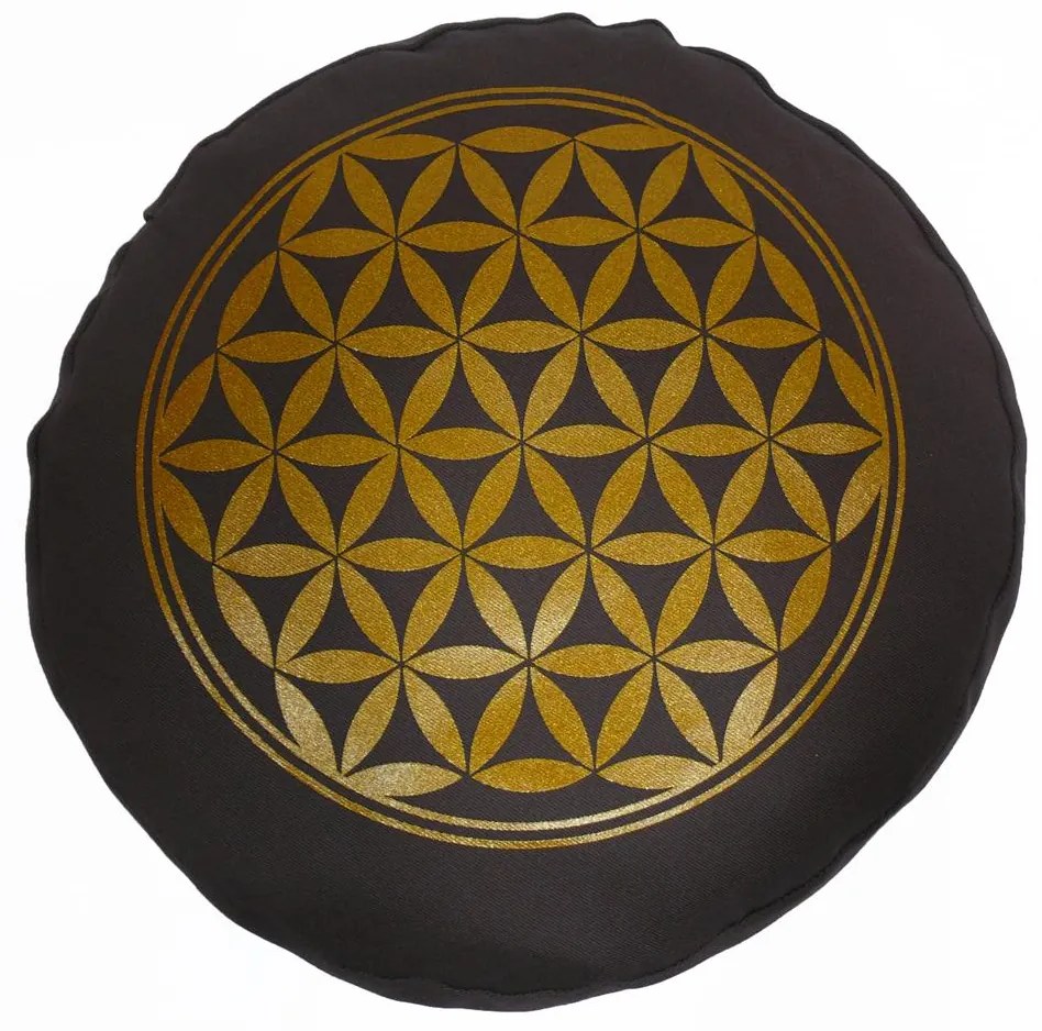S radostí - vlastní výroba Meditační polštář se zlatým Květem života - hnědý Velikost: ∅30 x v12 cm