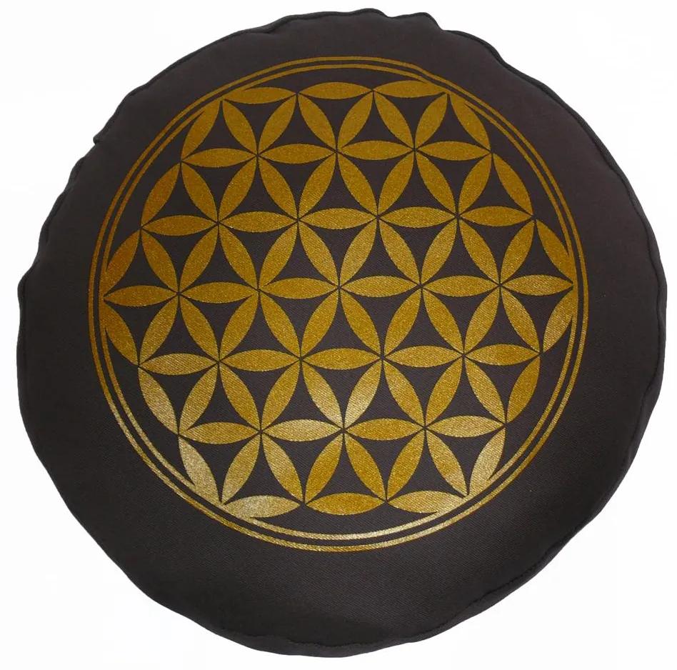 S radostí - vlastní výroba Meditační polštář se zlatým Květem života - hnědý Velikost: ∅40 x v30 cm