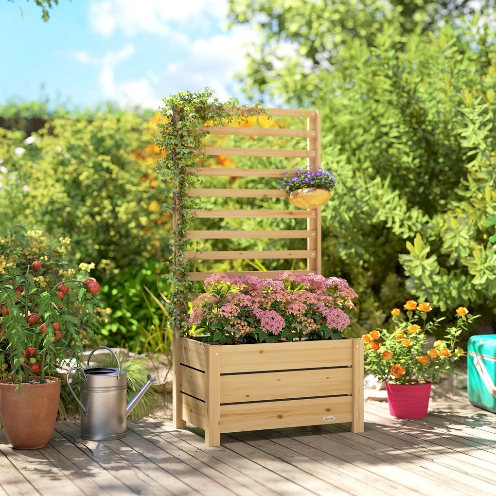 Vyvýšený truhlík Outsunny s mříží — přírodní smrkové dřevo, odtokový otvor, netkaná vložka, 60 x 39 x 120 cm