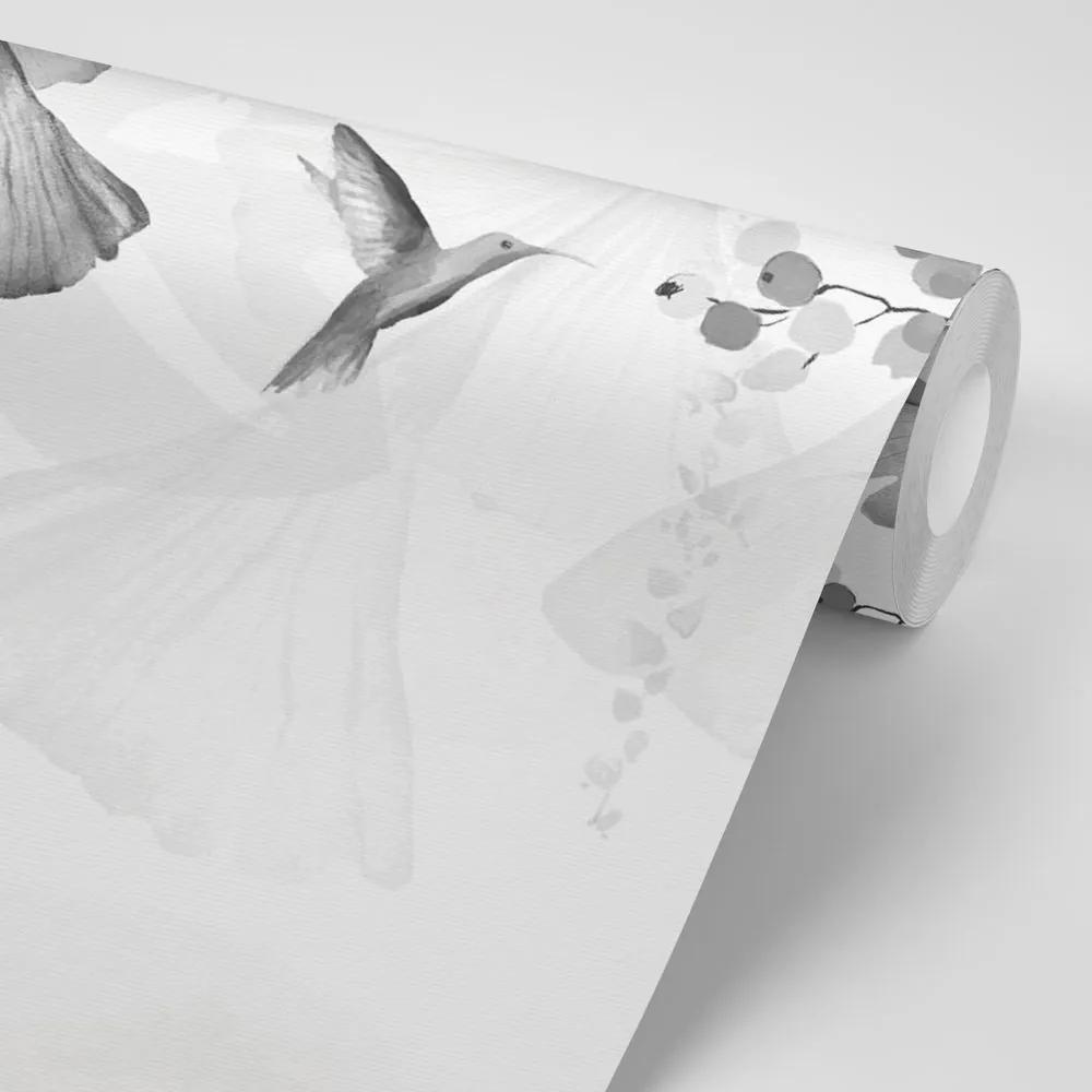 Samolepící tapeta listy s kolibříky v černobílém