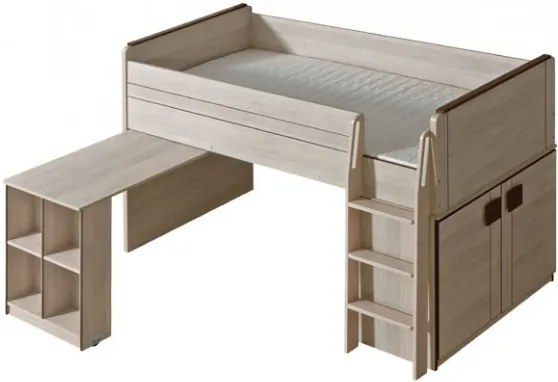 Vyvýšená dětská postel s výsuvným pultem Piper, Barevné provedení 15 dub santana / hnědá