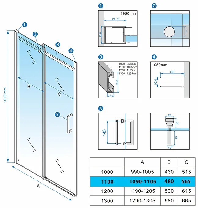 BPS-koupelny Posuvné sprchové dveře HYD-PD09B 110 kartáčovaná ocel/transparent pro instalaci do niky - bez vaničky