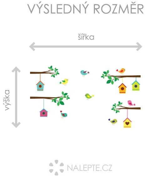 Ptáci a budky textilní přelepitelné samolepky na zeď arch 45 x 25 cm
