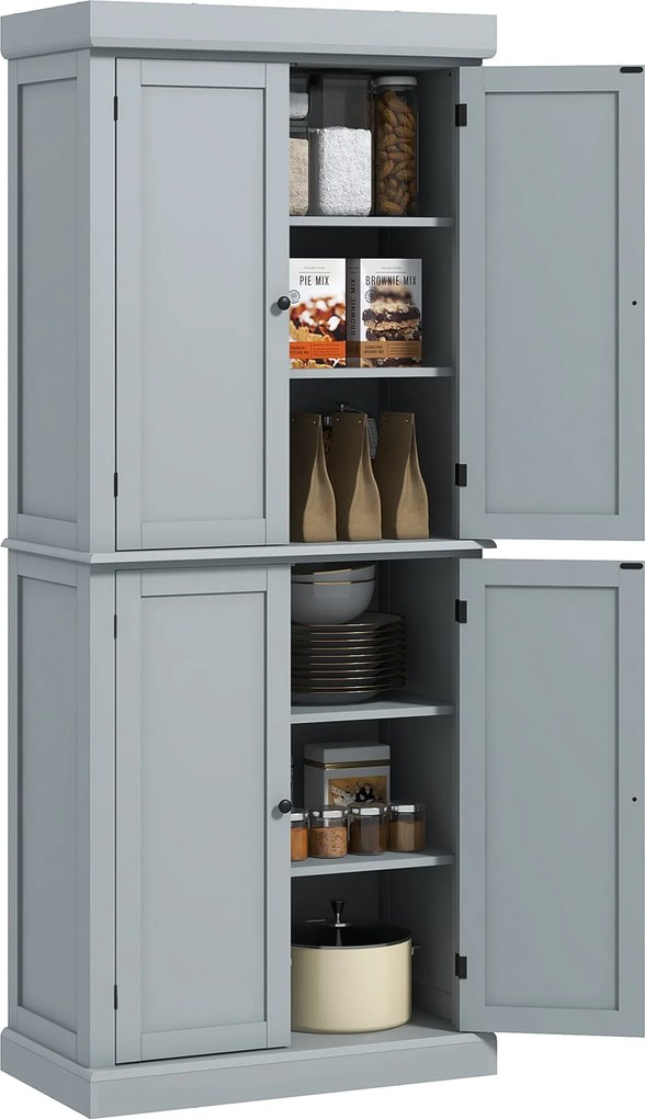 HOMCOM Kuchyňský Skříňový Buffet Skladovací Skříň Moderní Styl s Nastavitelnými Policemi pro Jídelnu a Obývací Pokoj, 76 x 40,5 x 184 cm, Šedá