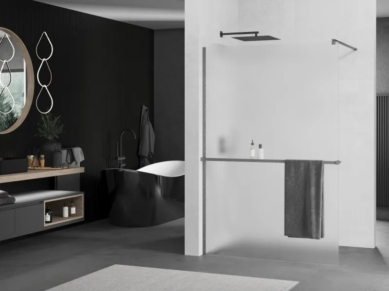 Mexen Kioto+, sprchová zástěna Walk-In s poličkou a věšákem 70 x 200 cm, 8mm sklo námraza, grafitový profil, 800-070-121-66-30