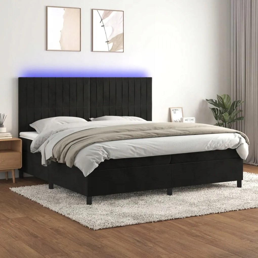 Box Spring Postel S Matrací A Led Černá Samet Černá Svislé pruhy 200 x 20