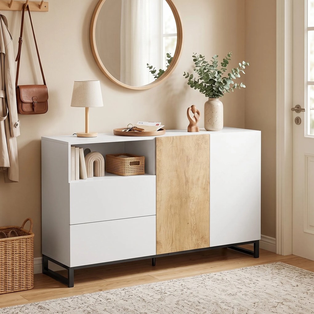 HOMCOM Komoda Moderní úložná skříňka se 2 dveřmi s tichým dovíráním a 2 zásuvkami 140x40x85 cm, bílá