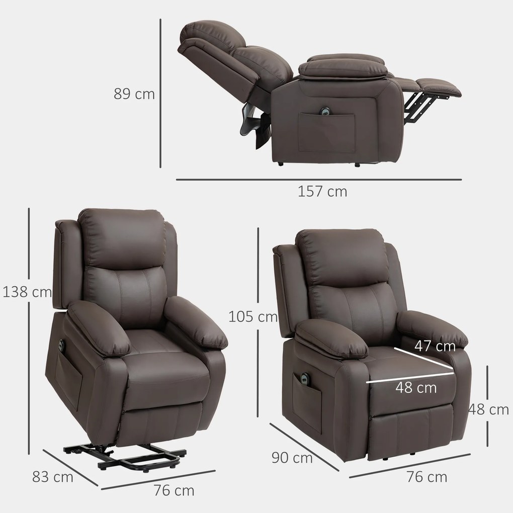 HOMCOM Elektrické křeslo ke vstávání elektrické relaxační křeslo s opěrkou nohou, dálkovým ovládáním a 2 kapsami 76x90x105 cm, hnědé