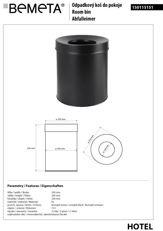 Bemeta Design Odpadkový koš, 7,5 l, černý -