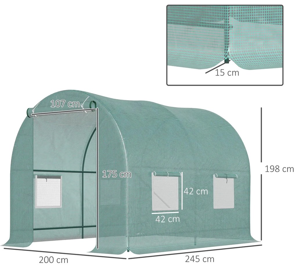 MM Handel  Slunečný skleník 245x200x198cm fóliovník rajský dům dveře s moskytiérou, okno, fóliový tunel z pozinkované oceli,