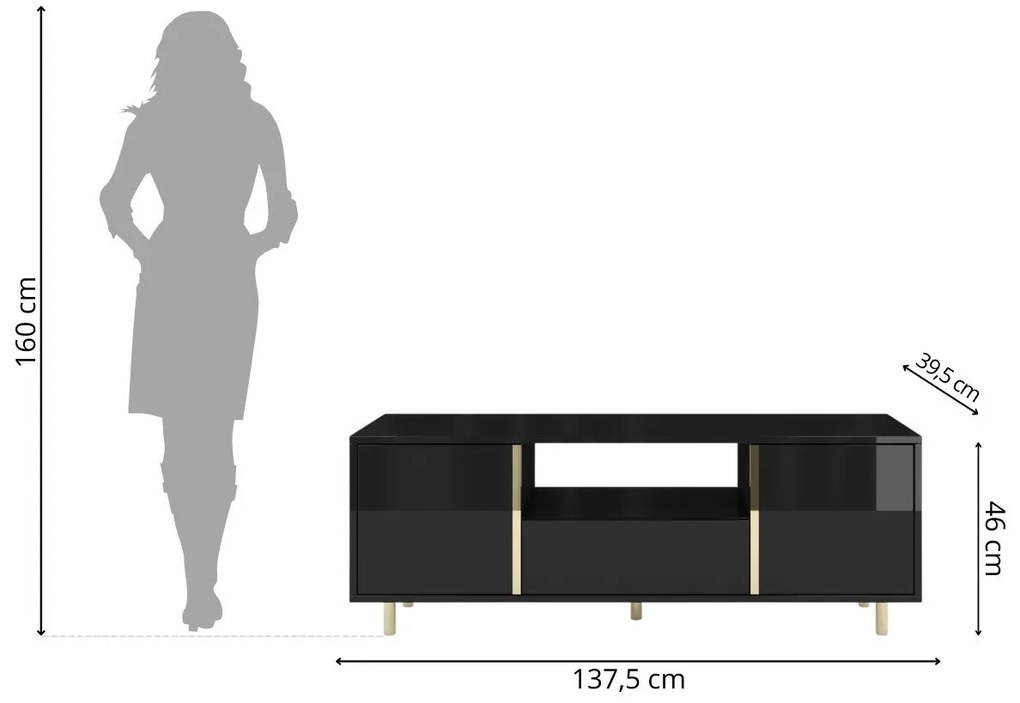 Elegantní černý tv stolek Dancan CAROLINE ze zlatými doplňky / šíř. 140 cm
