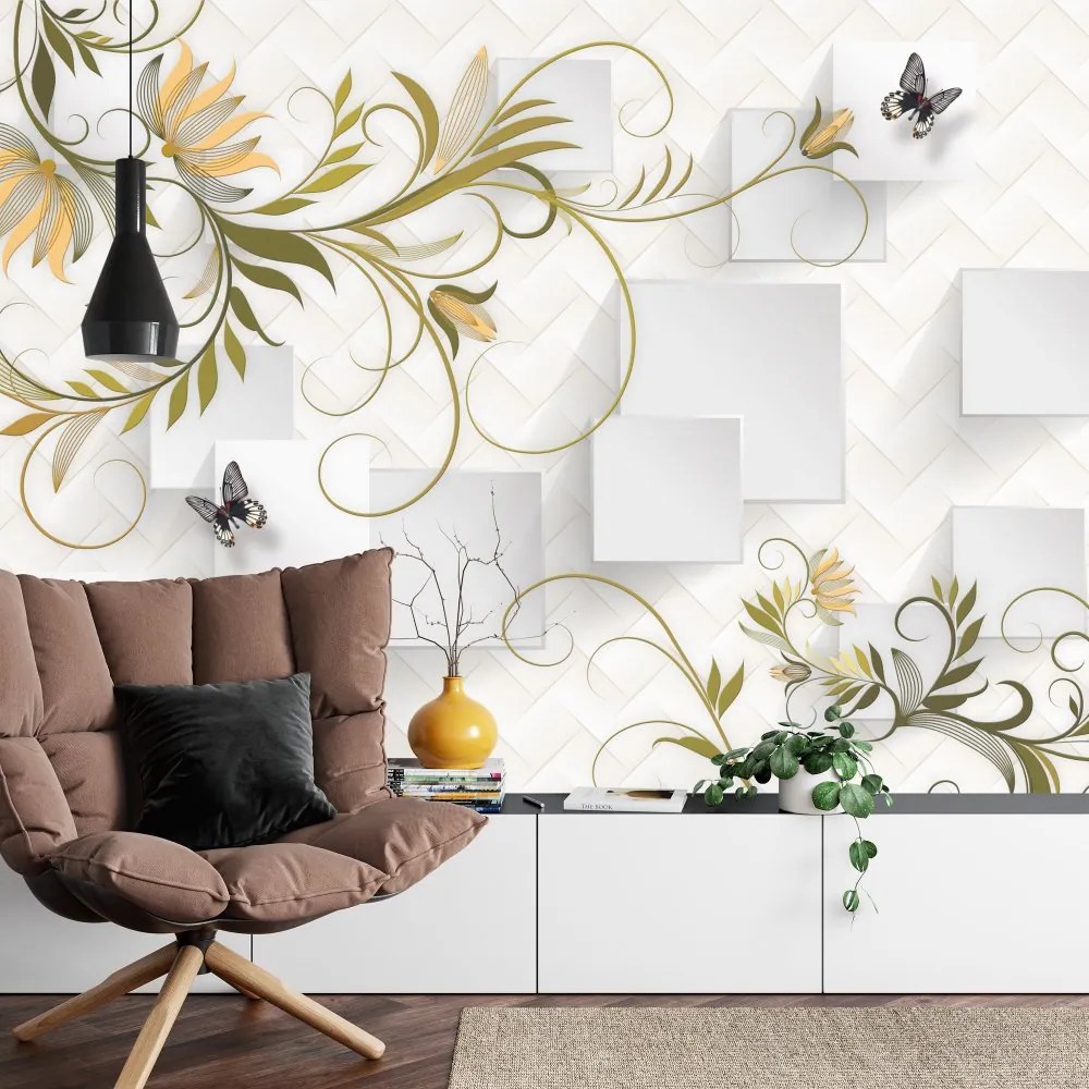 Fototapeta Abstract Floral And Butterfly Background With Frame For 3D Living Room Bedroom Tv 3D Wallpaper Home Decoration Mural Wallpaper For Walls Hladký vinyl 208x146